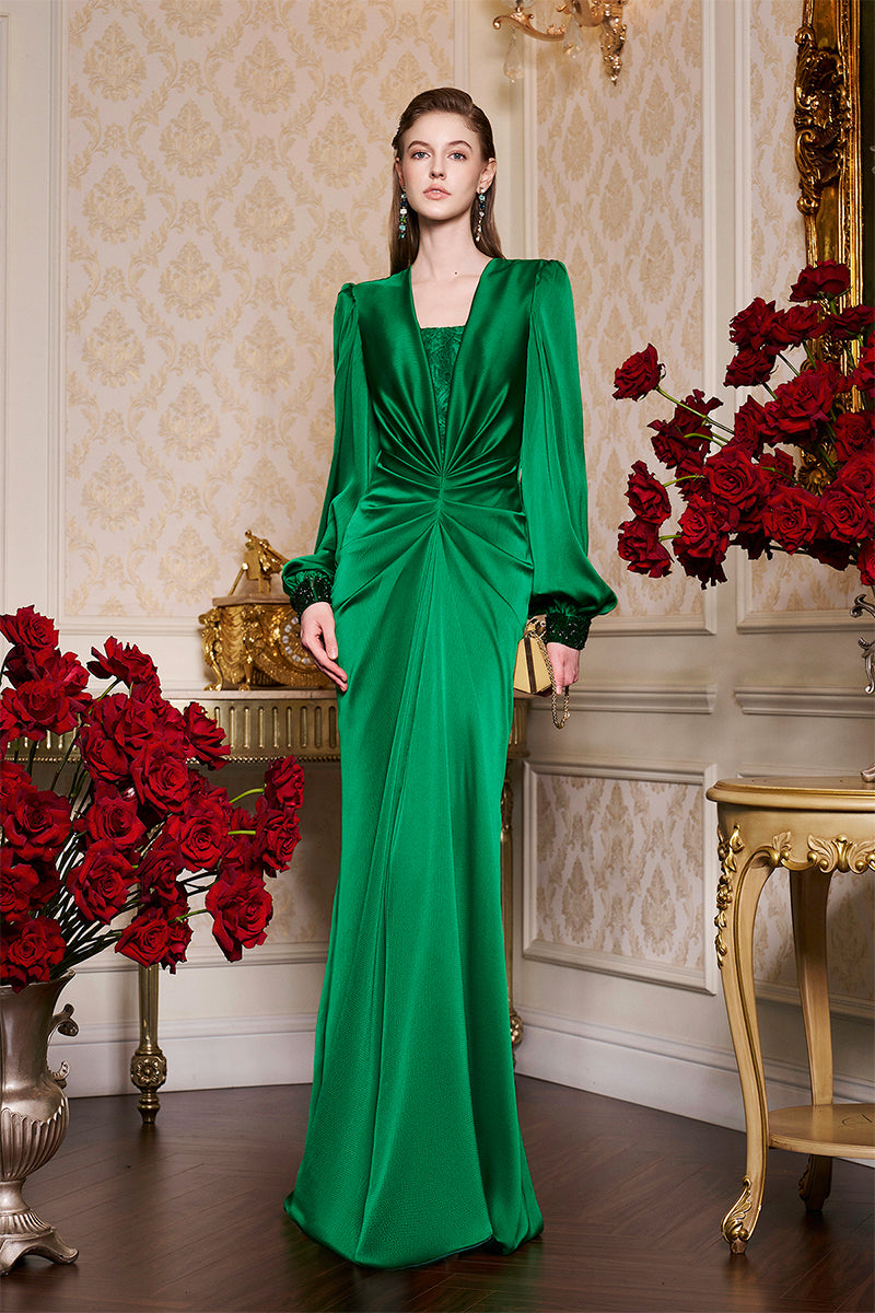 GREEN PLUNGE NECKLINE BOUFFANT SLEEVES SILK GOWN | CULT MIA | IHF