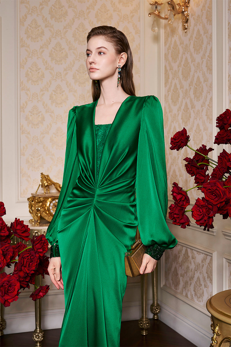 GREEN PLUNGE NECKLINE BOUFFANT SLEEVES SILK GOWN | CULT MIA | IHF