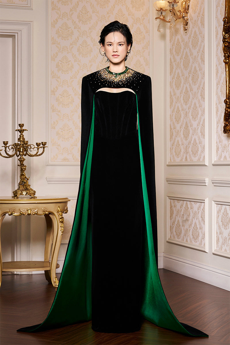 BLACK STRAPLESS BUSTIER VELVET GOWN WITH LONG CAPE | CULT MIA | IHF