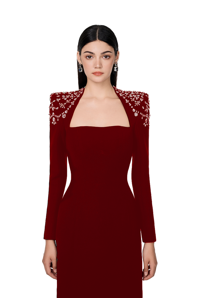 RED LONG SLEEVE TRAPEZOID NECKLINE BODYCON FULL DRESS | CULT MIA ...