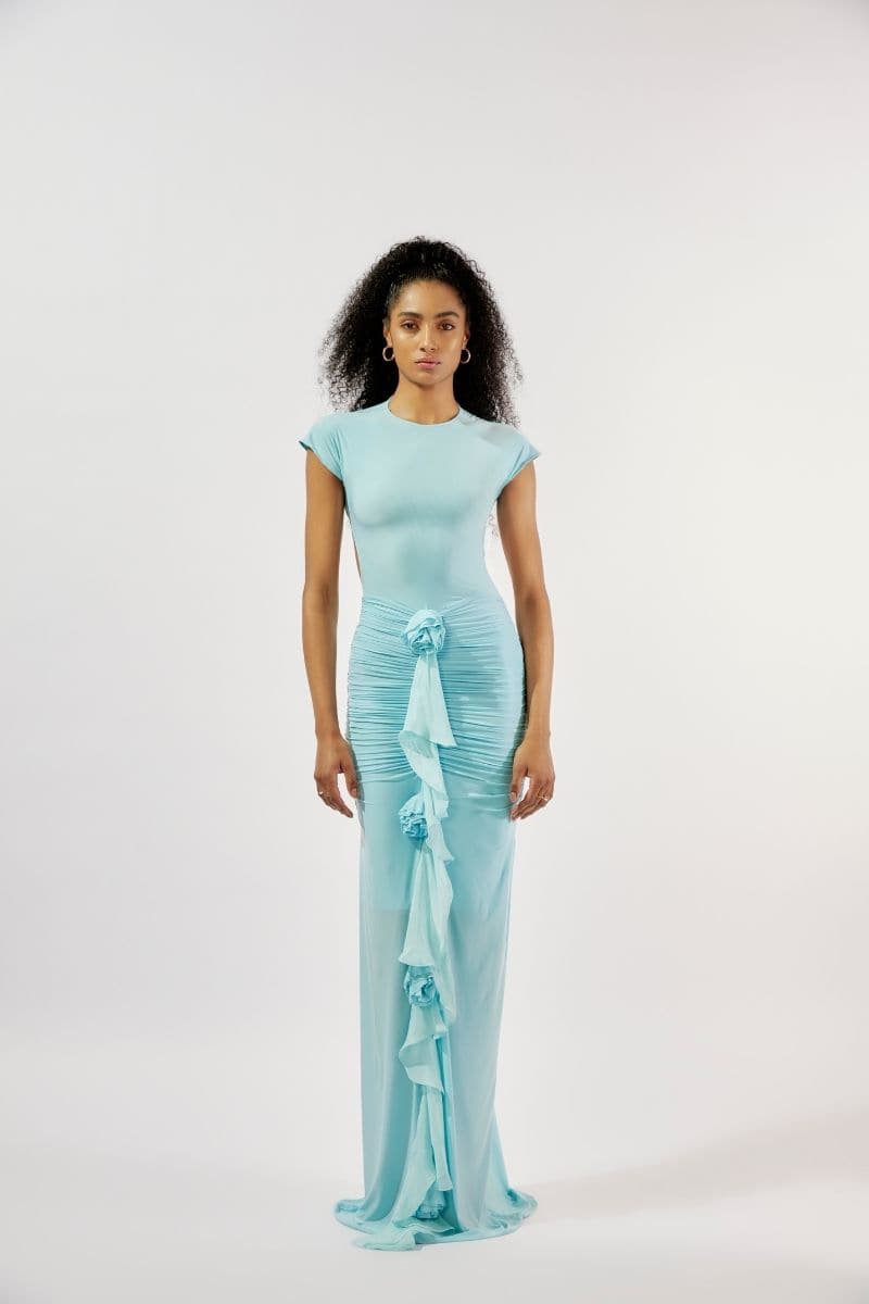 SKYE BABY BLUE FITTED BACKLESS MAXI DRESS | CULT MIA | Deme By Gabriella