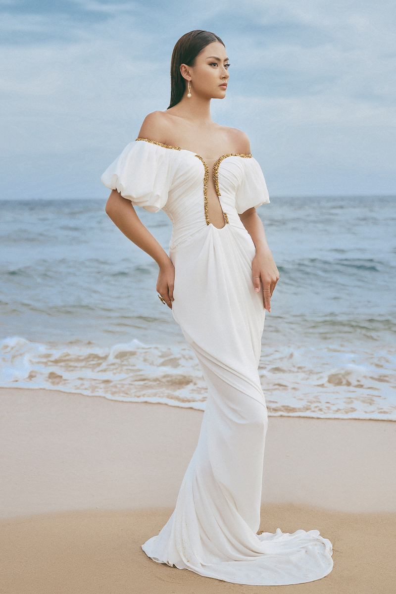 MIGUEL WHITE DRAPED BEADED LONG GOWN | CULT MIA | Le Thanh Hoa