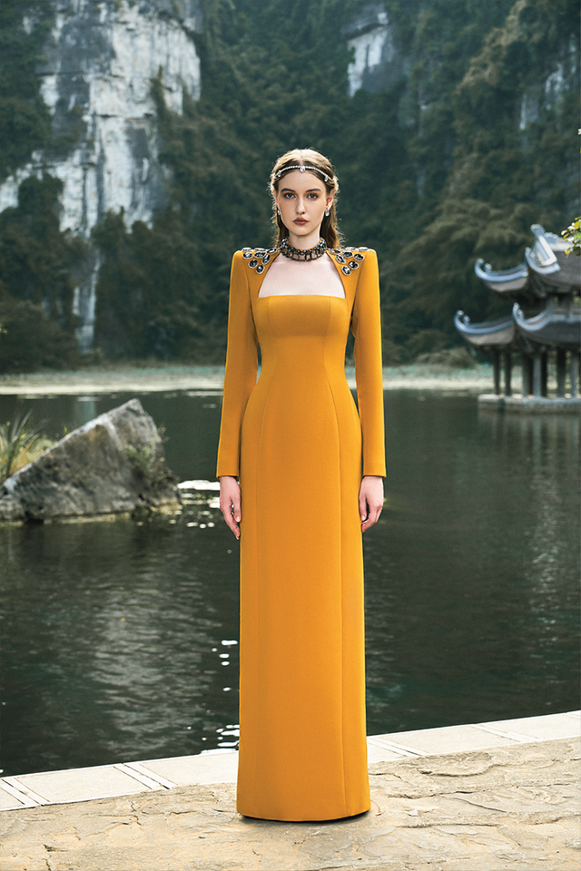 YELLOW CHOKER SHOULDER STONE EMBELLISHED GOWN | CULT MIA | Tracy Studio