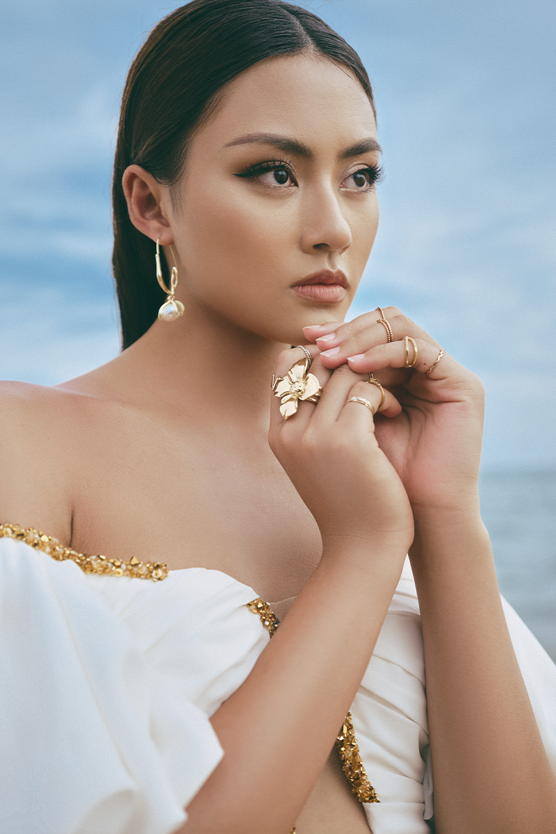 MIGUEL WHITE DRAPED BEADED LONG GOWN | CULT MIA | Le Thanh Hoa