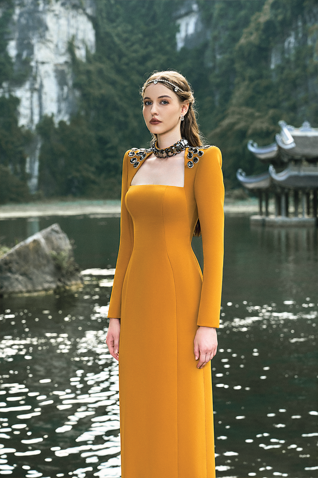 YELLOW CHOKER SHOULDER STONE EMBELLISHED GOWN | CULT MIA | Tracy Studio