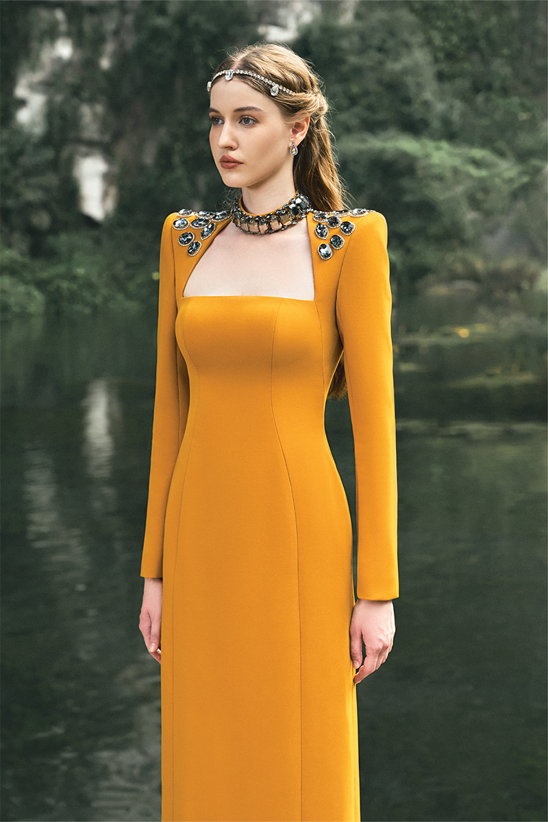 YELLOW CHOKER SHOULDER STONE EMBELLISHED GOWN | CULT MIA | Tracy Studio