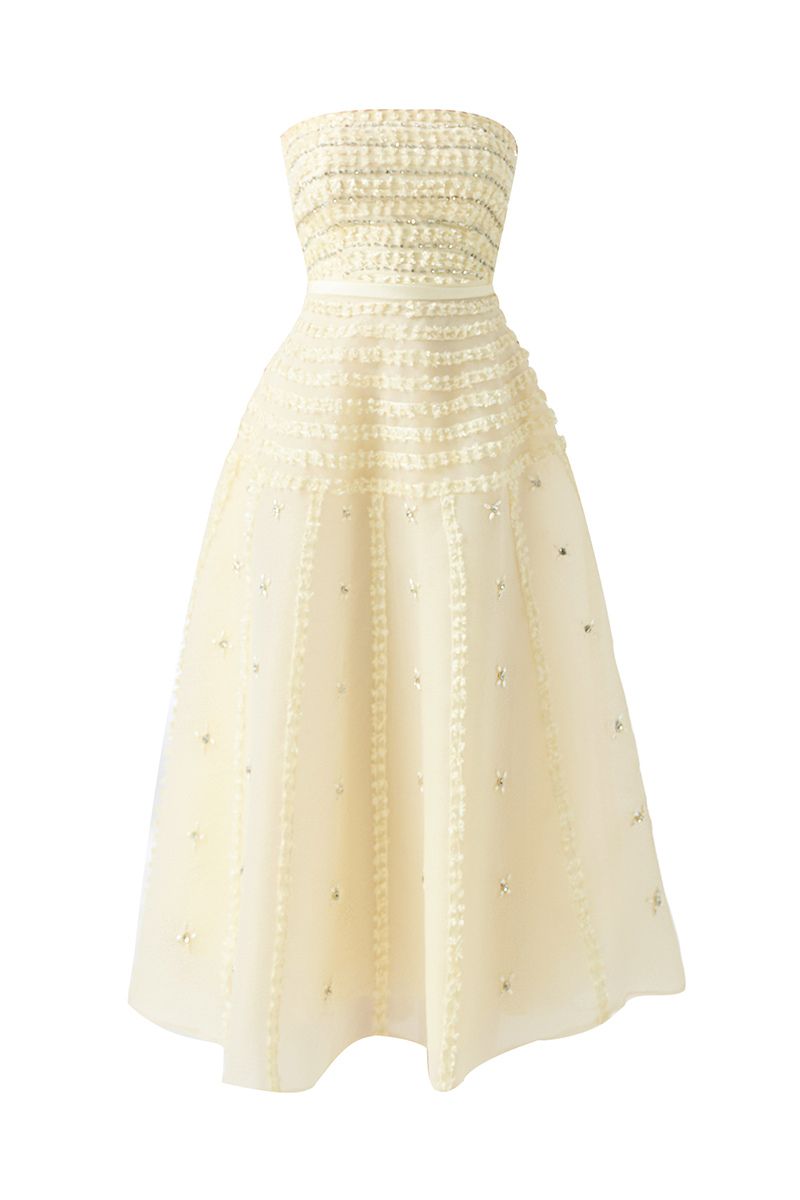 BEIGE STRAPLESS STONE ORGANZA BEIGE MIDI DRESS | CULT MIA | HAPPY CLOTHING