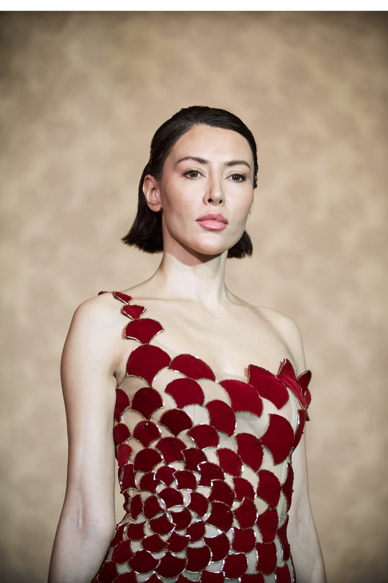 A-LINE SHEER TULLE DRESS WITH RED VELVET FABRIC CUTS | CULT MIA | Phan Huy