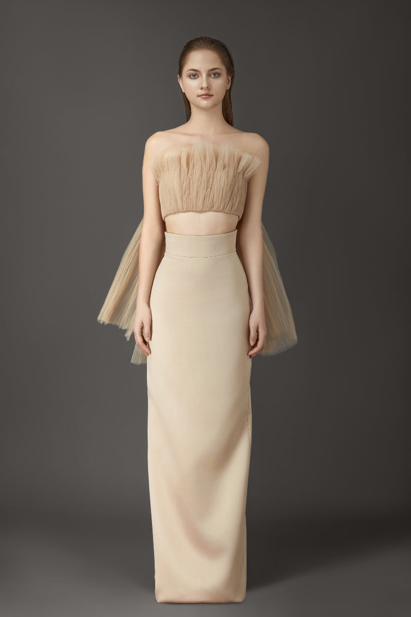 NUDE PLEATED TOP AND PENCIL SKIRT SET | CULT MIA | Phan Huy