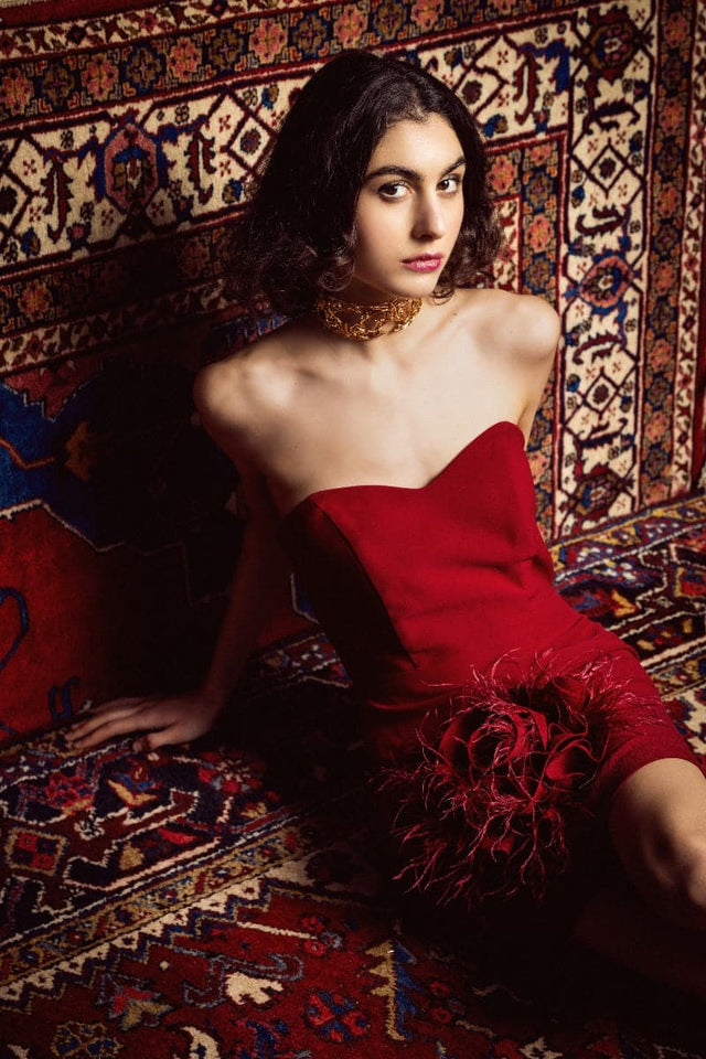 NOUR STRAPLESS 3D FEATHER TRIMMED ROSE CREPE MINI DRESS | CULT MIA ...